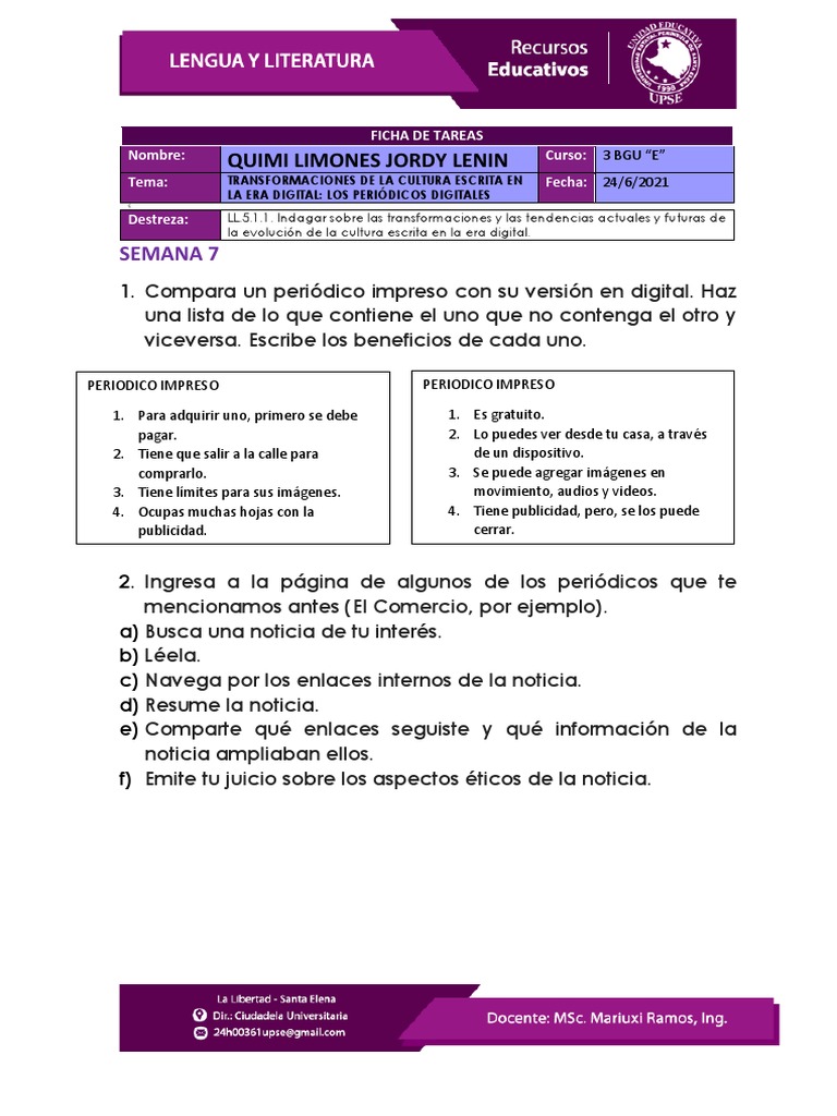 Ficha Técnica Semanal 7 - Lengua y Literatura 3BGU | PDF | Periódicos