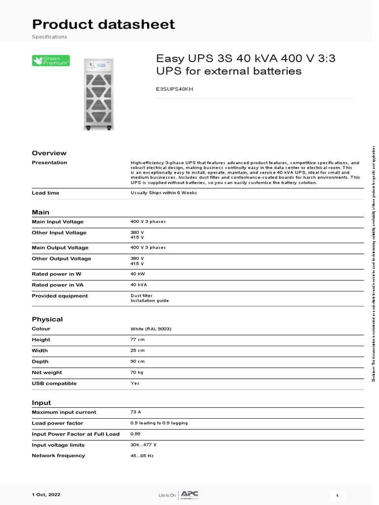 Easy UPS 3S 40 kVA Specifications | PDF | Mains Electricity | Electricity