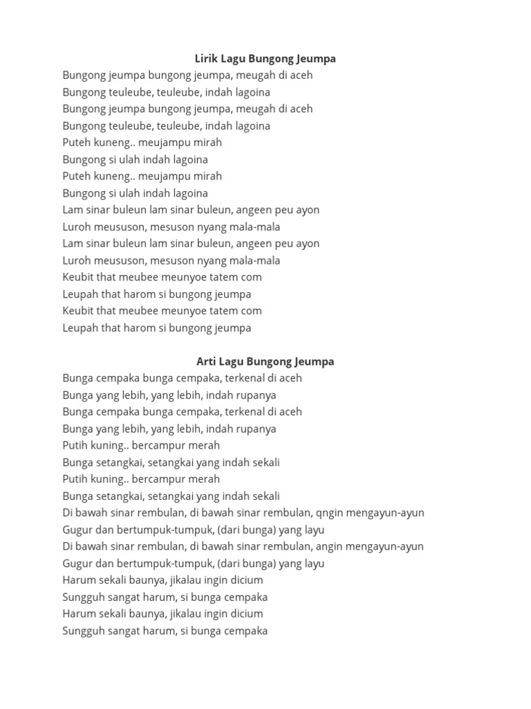 Lirik Lagu Bungong Jeumpa | PDF