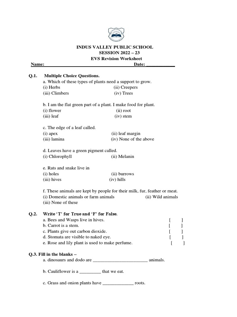 EVS Revision Worksheet for Class 2 | PDF | Leaf | Plants