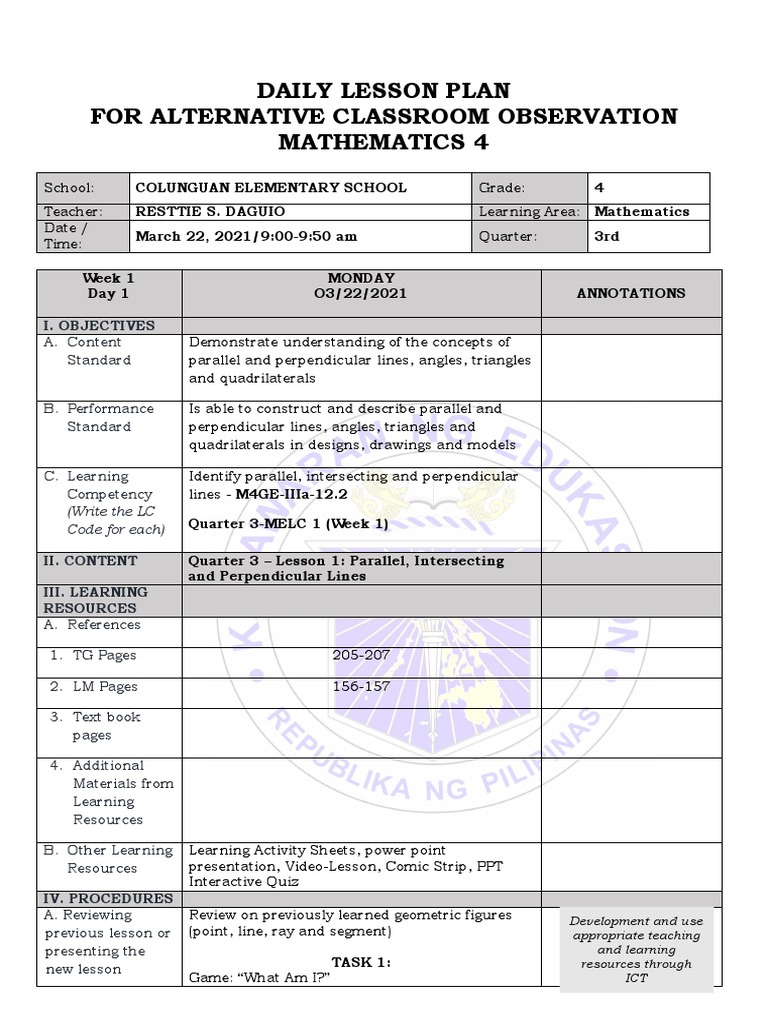 1DLP For Classroom Observation | PDF | Perpendicular | Educational Technology