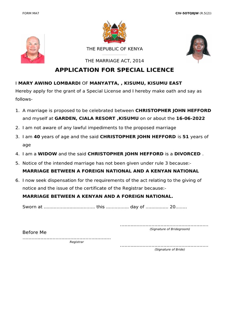 Special License Application for Marriage | PDF | Politics | Law