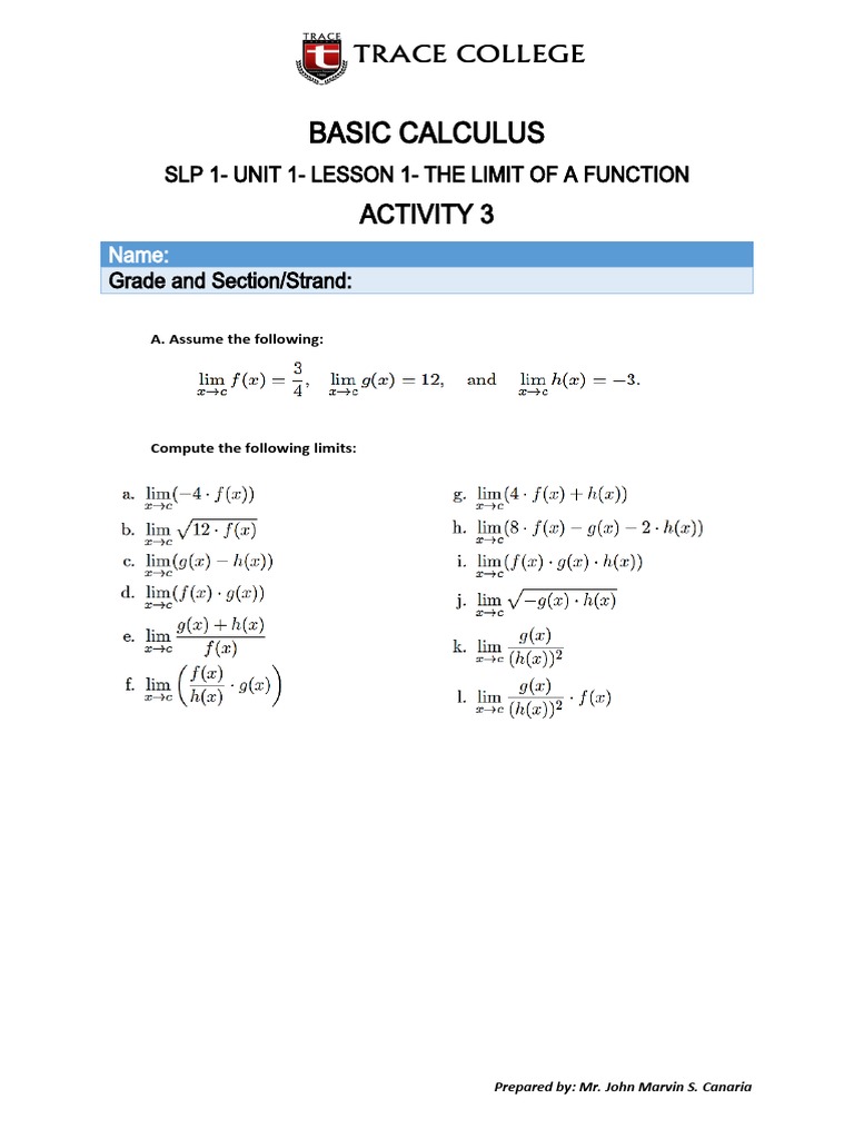 SLP 1 - Unit 1 - Lesson 1 - Activity 3 (Basic Calculus) | PDF