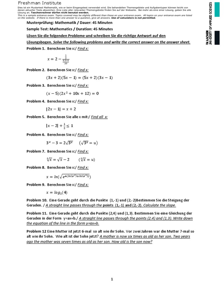 2020 Math Sample Entrance Exam Muster Aufnahmeprüfung | PDF
