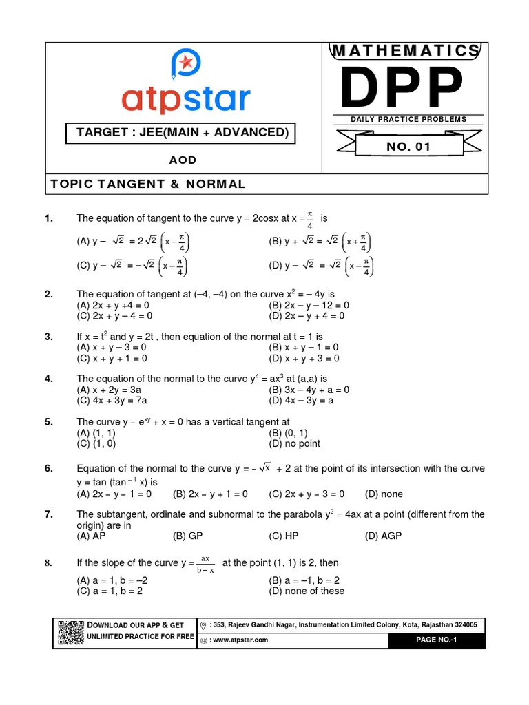Daily Practice Problems focused on Tangent and Normal to Curves, Angle ...