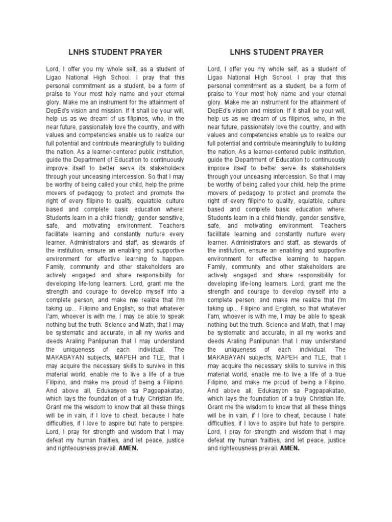LNHS Student Prayer | PDF | Learning | Behavior Modification