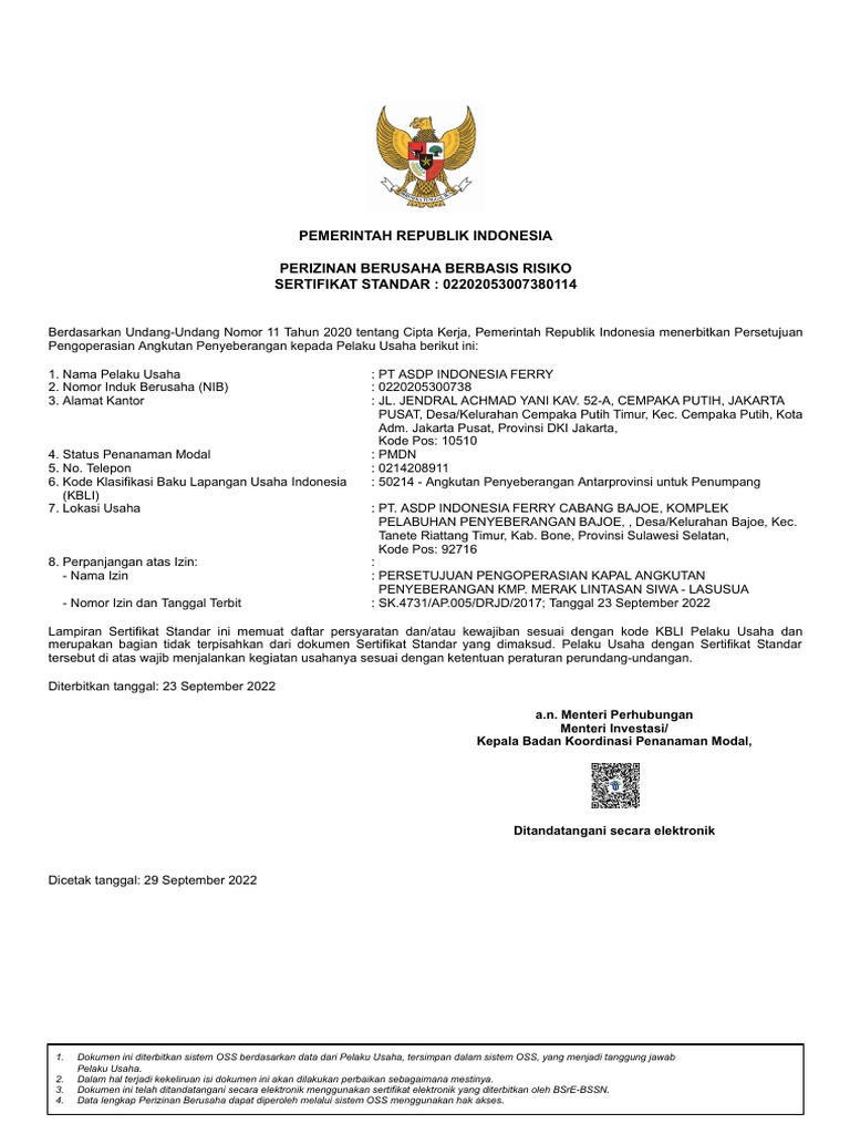 Pemerintah Republik Indonesia Perizinan Berusaha Berbasis Risiko SERTIFIKAT STANDAR ...
