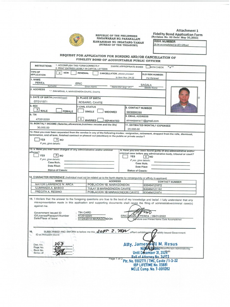 fidelity bond application Eric Perea Punong Barangay San Miguel A | PDF