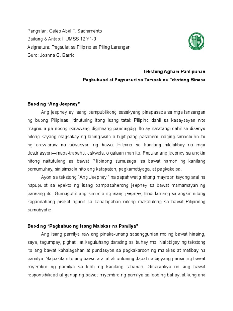 Sacramento - FIL 3 - (Pagbubuod at Pagsusuri) Tekstong Agham Panlipunan ...