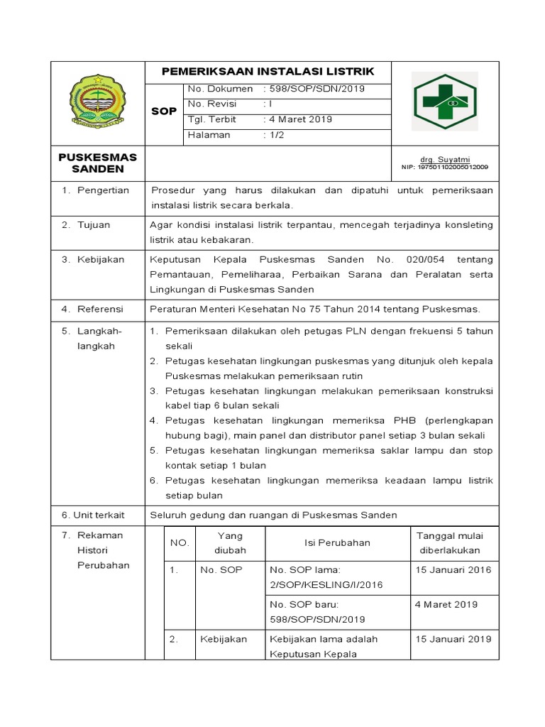 SOP Pemeriksaan Instalasi Listrik Puskesmas | PDF