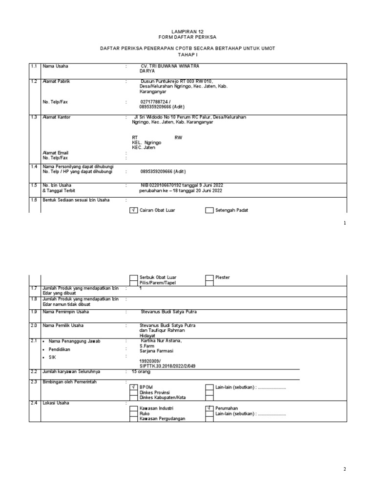 Cheklist Penilaian CPOTB Bertahap UMOT Tahap 1 TWD | PDF