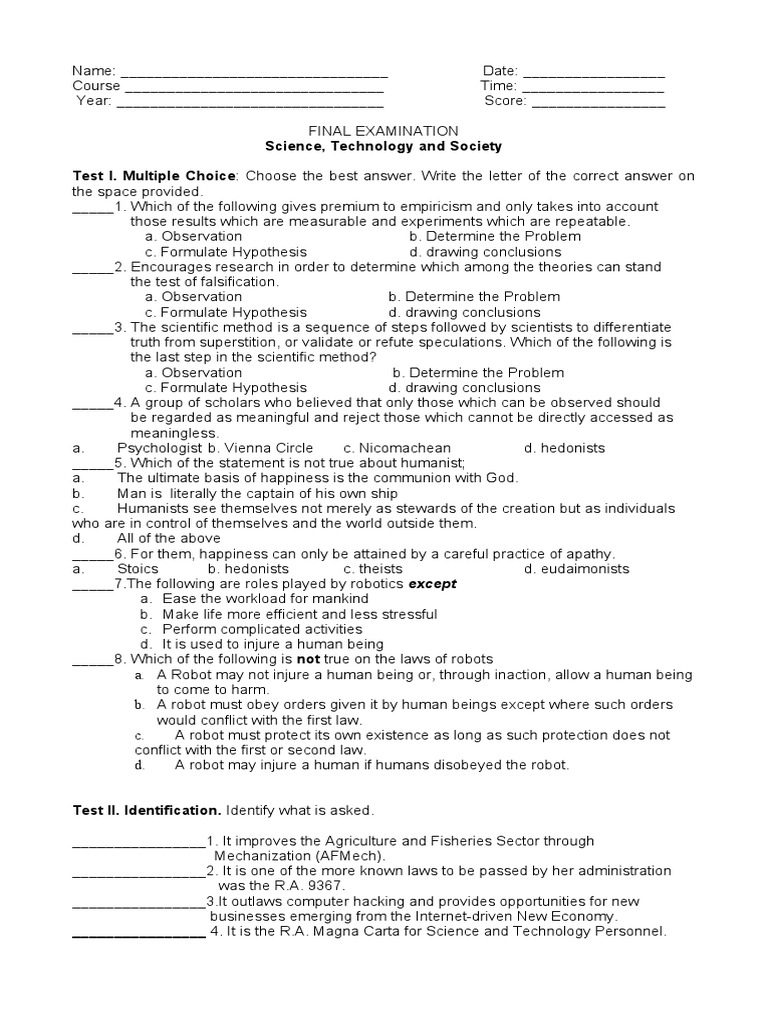 STS Final Exam | PDF | Scientific Method | Hypothesis