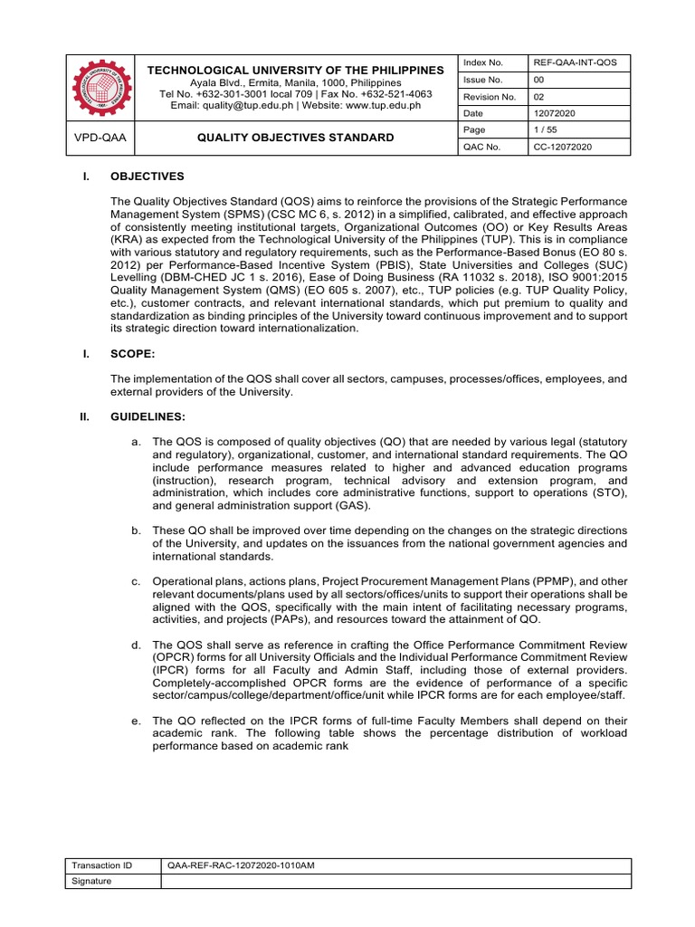 TUP Quality Objectives Standard | PDF | Test (Assessment) | Quality ...