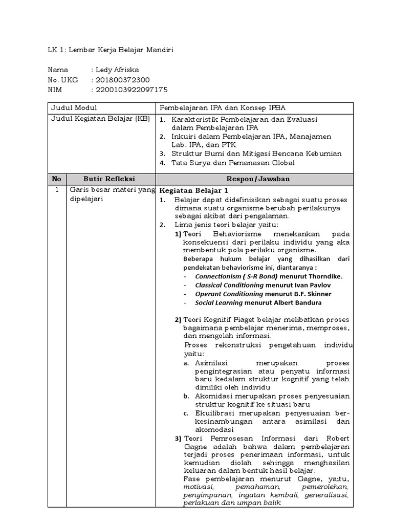 LK 0.1 Lembar Kerja Belajar Mandiri IPA Modul 1 | PDF