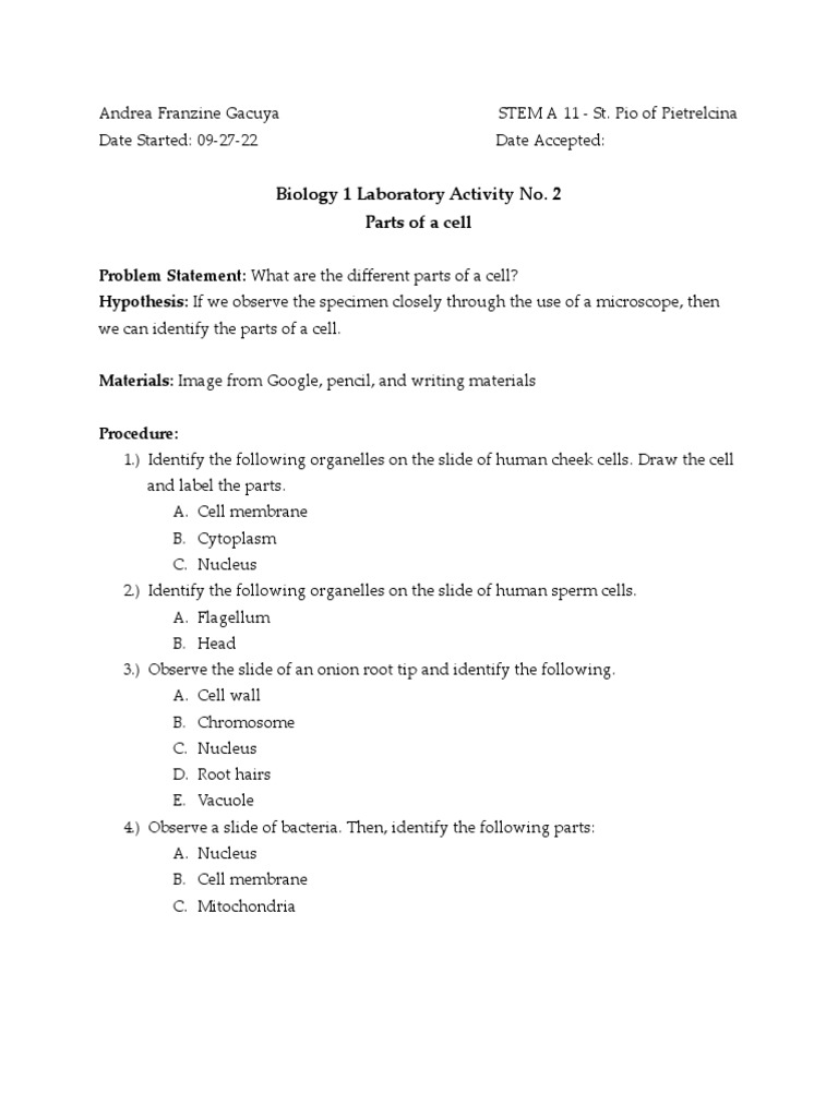 Laboratory Activity 2 Parts of The Cells | PDF | Cell (Biology) | Cell ...