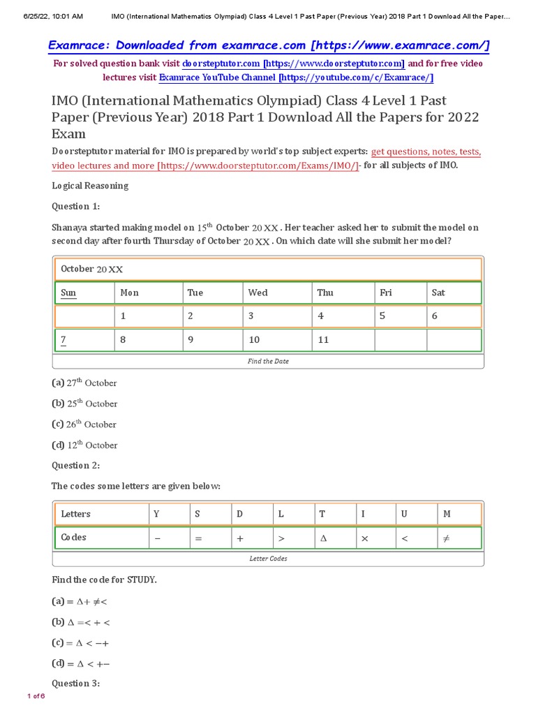 IMO Class 4 Paper 2018 Part 1 | PDF | Mathematics | Science