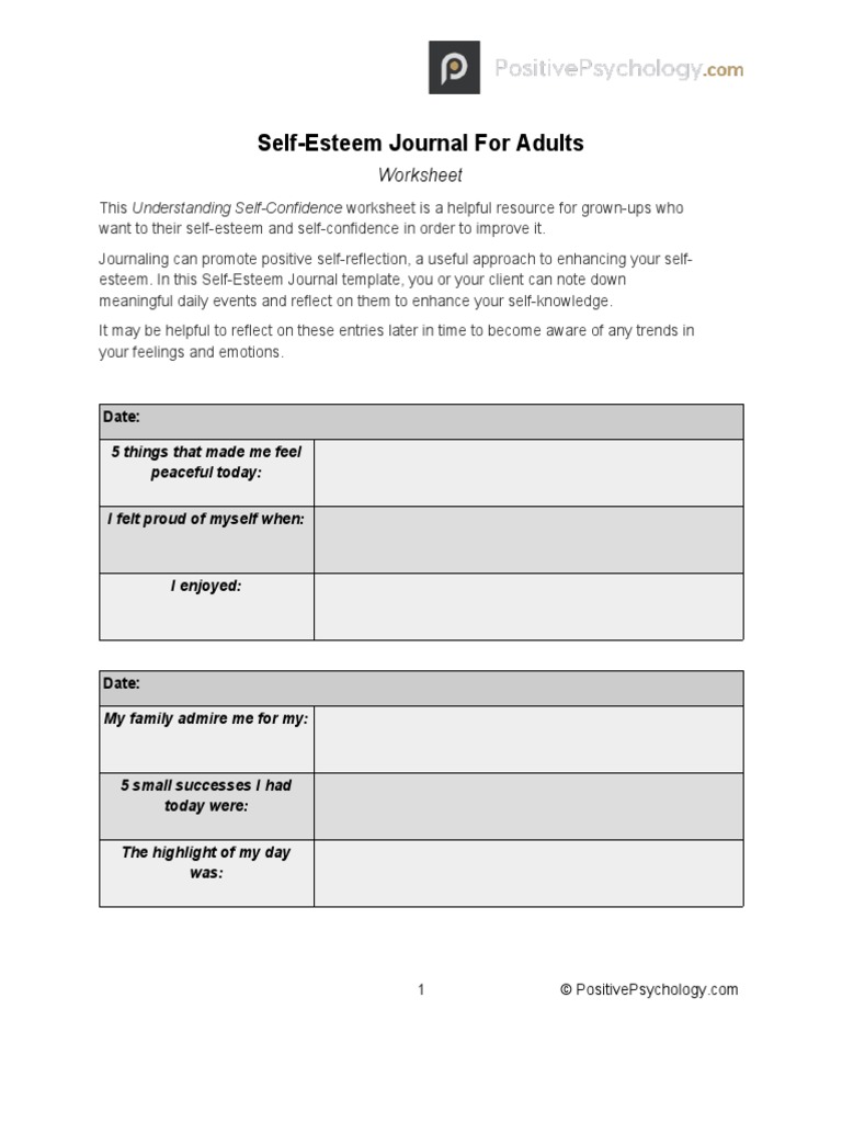 Self Esteem Journal For Adults Worksheet | PDF | Career & Growth | Self ...