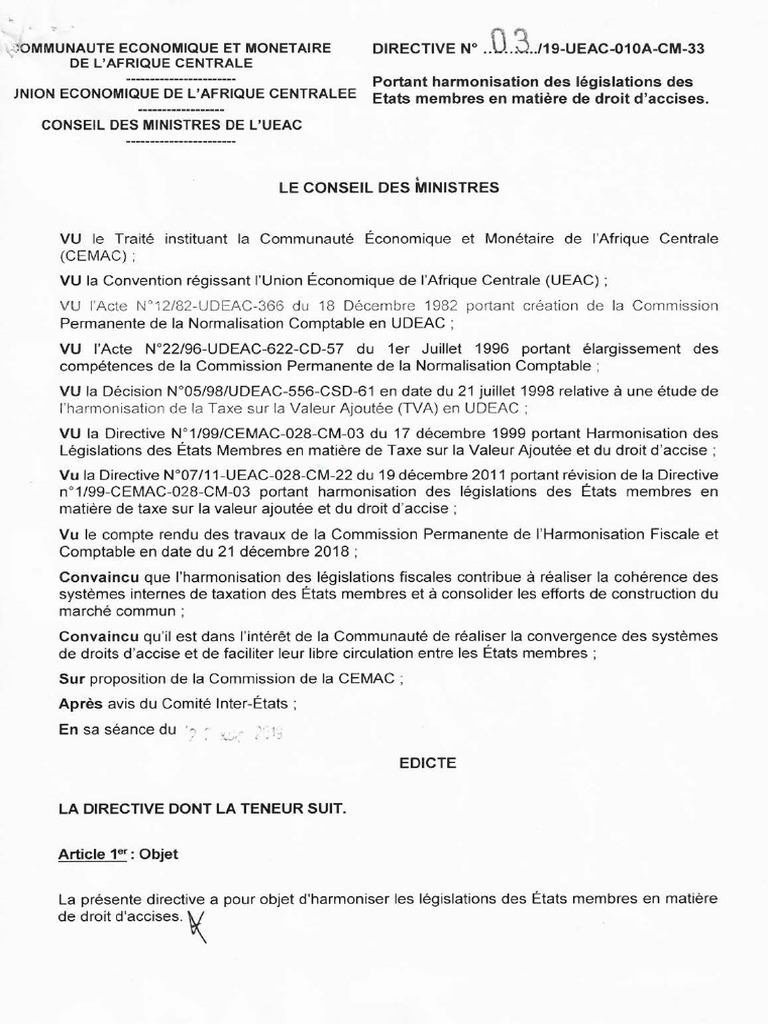 CEMAC Directive 2019 03 Droits Accises | PDF