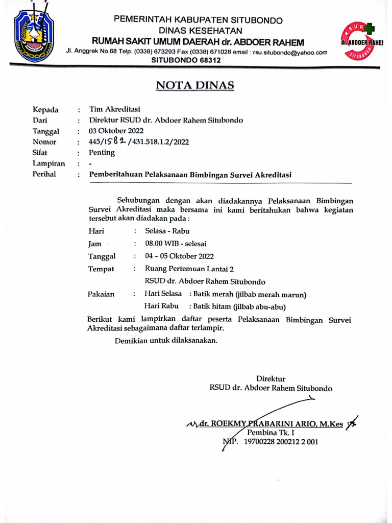 Nota Dinas Pemberitahuan Pelaksanaan Bimbingan Survei Akreditasi | PDF