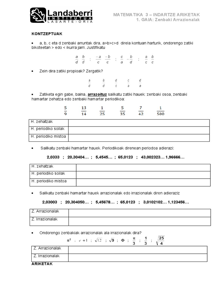 DBH3 Zenbaki Arrazionalak | PDF