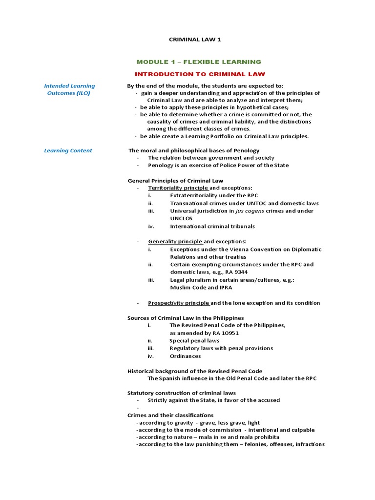 Module 1 Outline | PDF | Criminal Law | Crimes