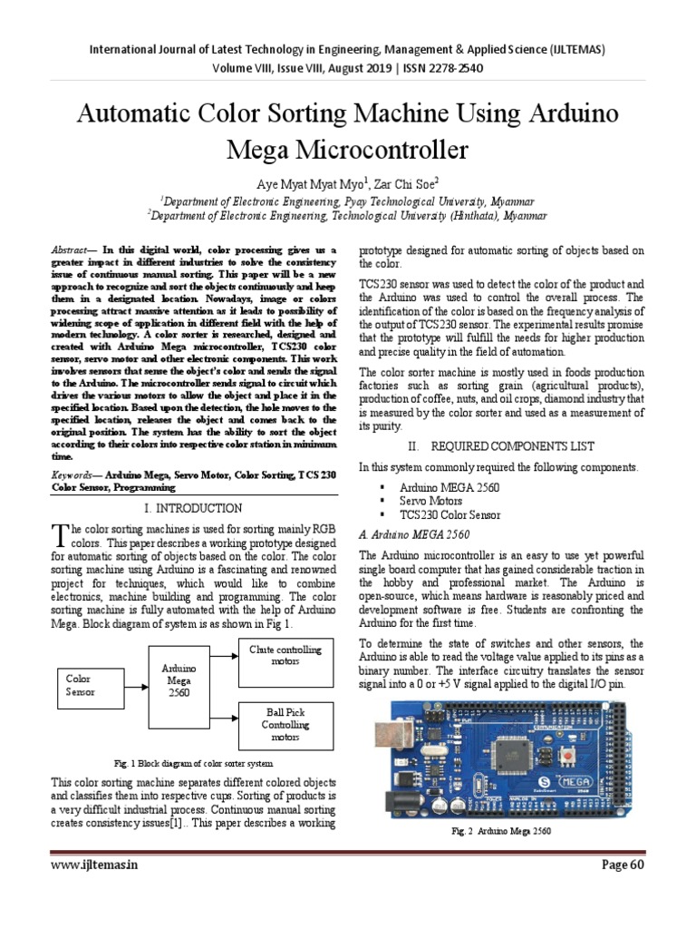 Automatic Color Sorting Machine Using Arduino Mega Microcontroller | PDF | Servomechanism | Sensor
