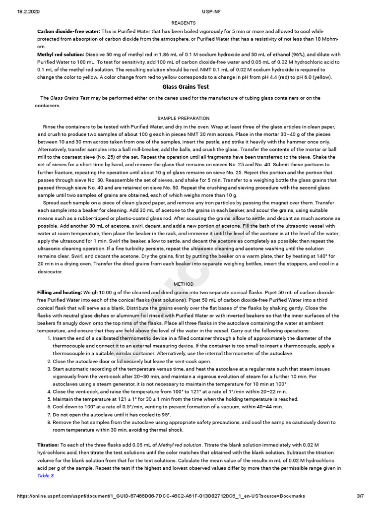 Glass Grains Test Procedure (USP ) | PDF | Syringe | Titration