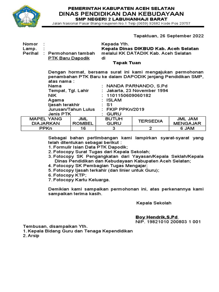 Contoh Surat Permohonan Tambah PTK Ke DAPODIK Dan Surat Tugas | PDF