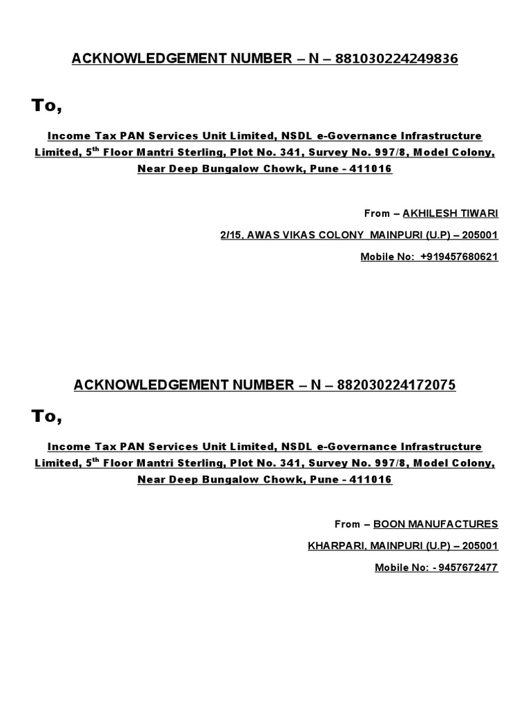 Address To Send Pan Acknowledgement | PDF