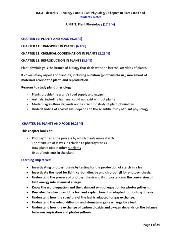 UNIT 3 - Ch10 - Plants and Food - Students' Notes | PDF ...