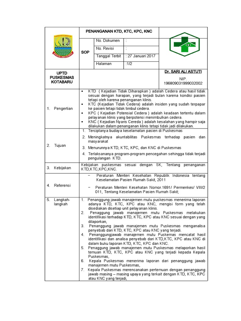 Sop Penanganan KTD, KTC, KNC | PDF