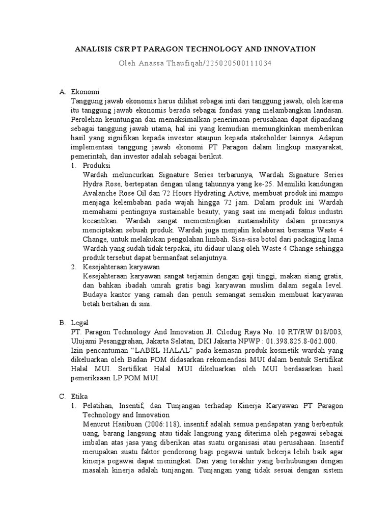 Analisis CSR PT Paragon Technology and Innovation | PDF