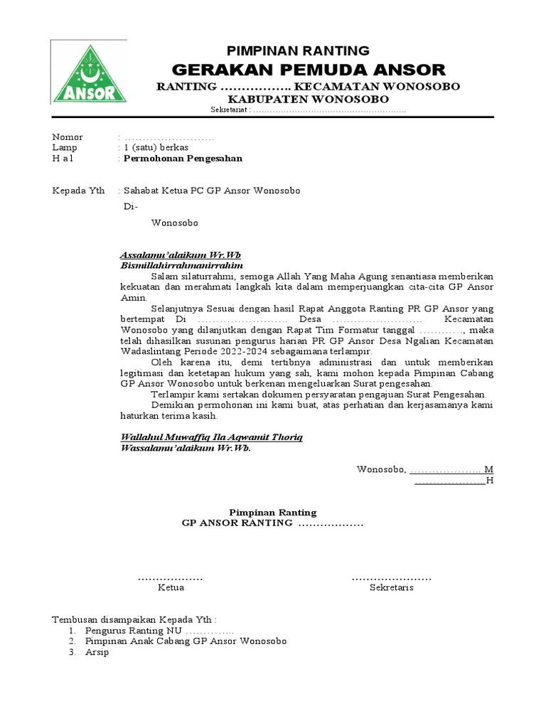 Contoh Pengajuan SK Ranting GP Ansor | PDF