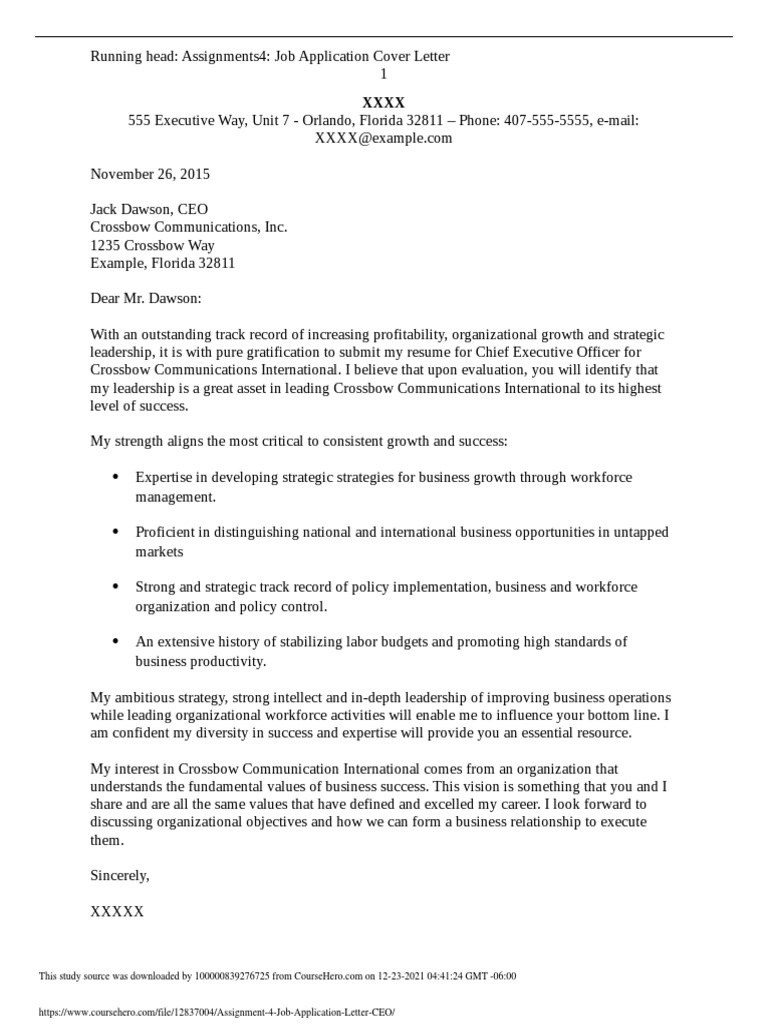 Assignment 4 Job Application Letter CEO | PDF | Leadership | Evaluation