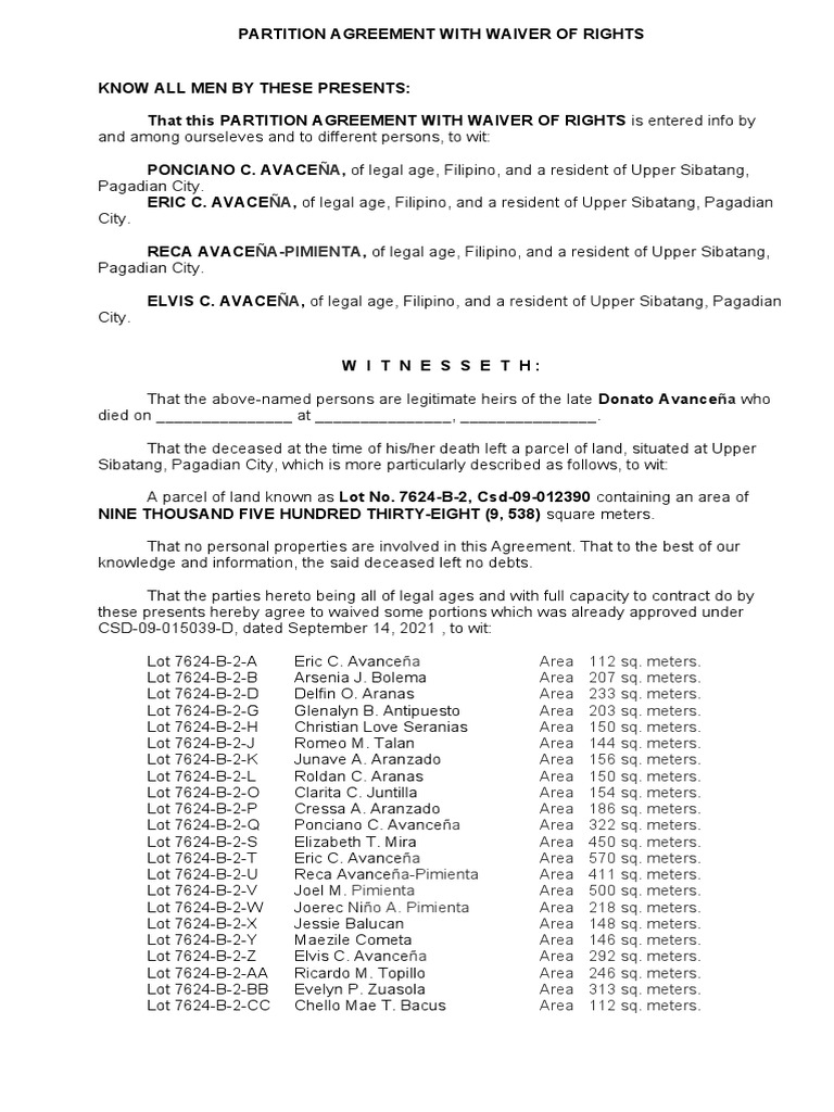 PARTITION AGREEMENT WITH WAIVER OF RIGHTS (Lot 7624-B-2) | PDF ...