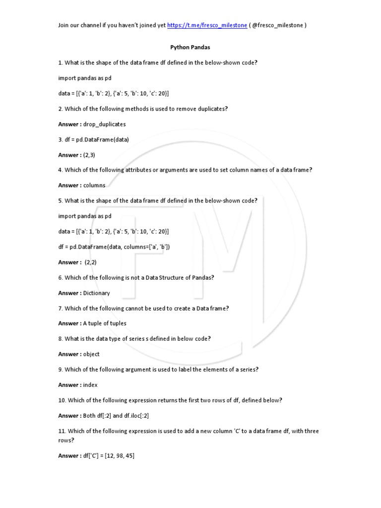 Python Pandas MCQs | PDF | Parameter (Computer Programming) | Computer Data
