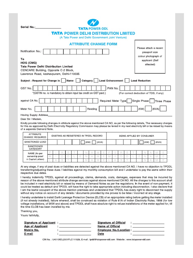 Tata Power-DDL - Attribute Change Form 2021 | PDF
