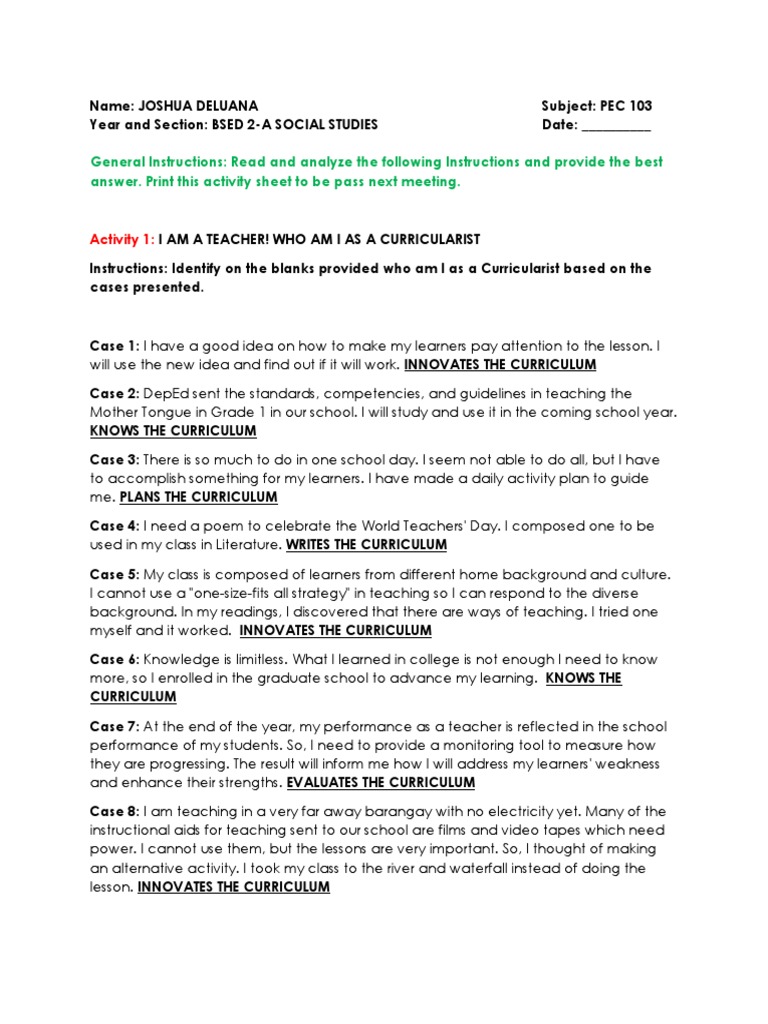 Activity in Pec 103 | Download Free PDF | Curriculum | Teachers