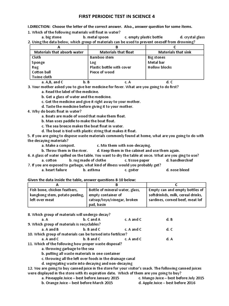 First Periodic Test in Science 4 | PDF | Art | Science & Mathematics