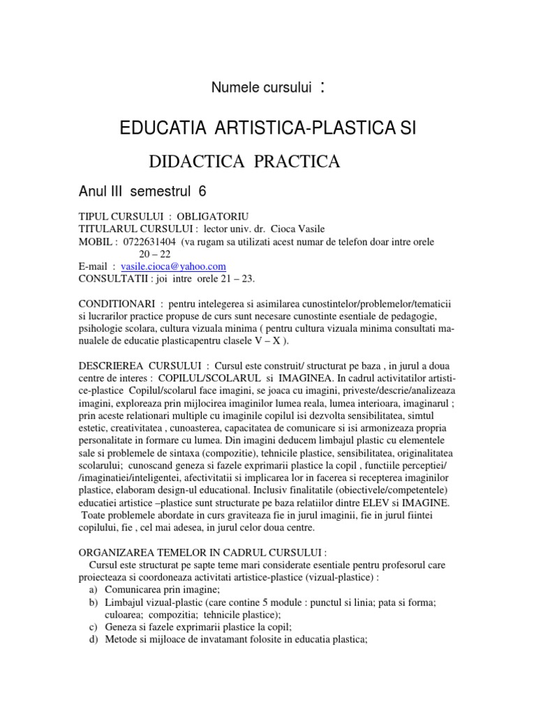 Vasile Cioca - Educatie Artistico-Plastica | PDF