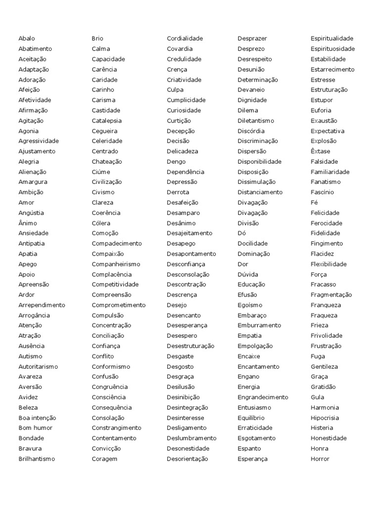 Lista de Emoções e Sentimentos | PDF | Metafísica da mente | Ética aplicada