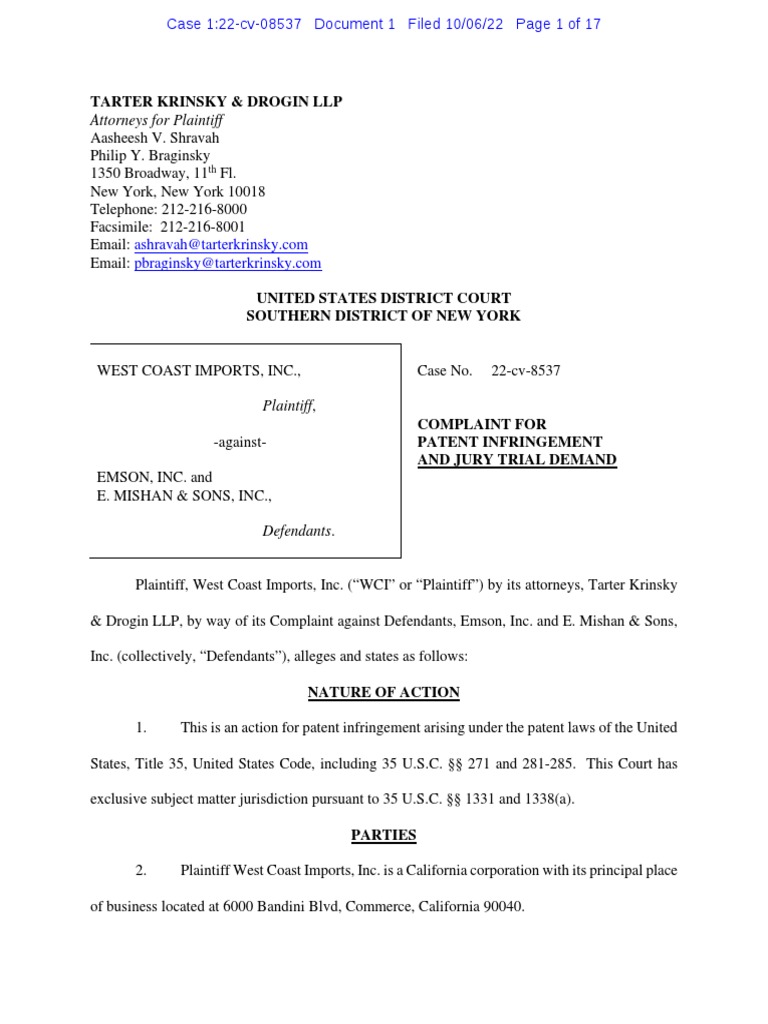 West Coast Imports v. Emson - Complaint | PDF | Injunction | Patent Infringement