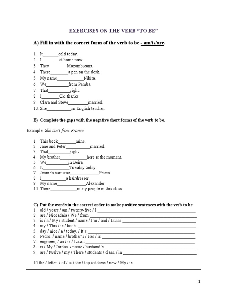 Week 1 - The Verb To Be - EXERCISES | PDF
