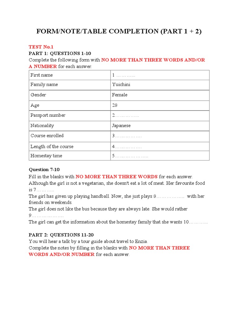 (Part 1 + 2) Form - Note - Table Completion | PDF | Waste Management ...