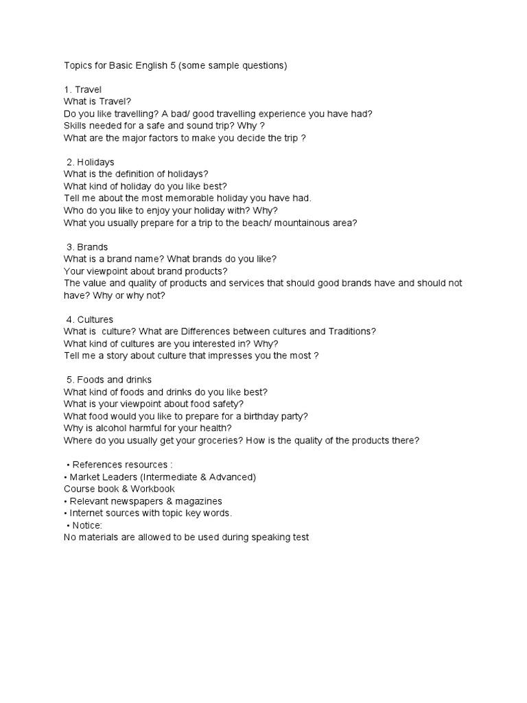Basic English 5: Discussion Topics | PDF