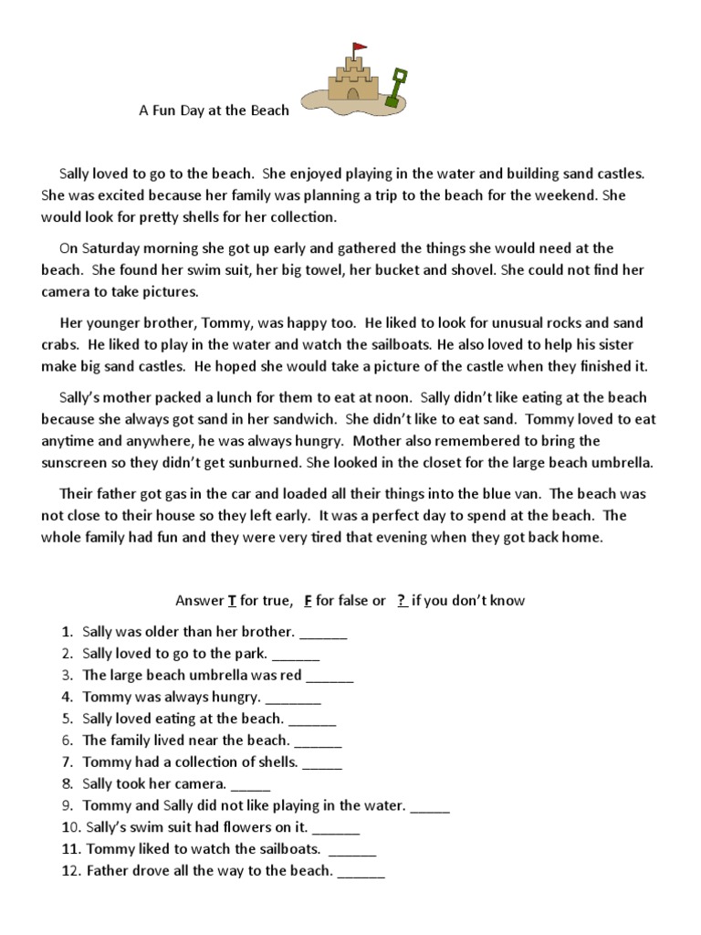 A Fun Day at The Beach Reading Comprehension Exercises - 118160 | PDF