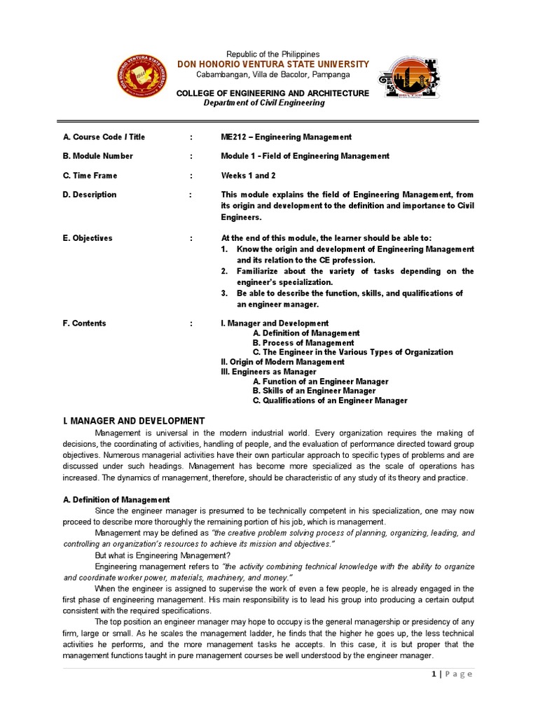 ME 212-Module 1-Field of Engineering Management | PDF | Engineer ...