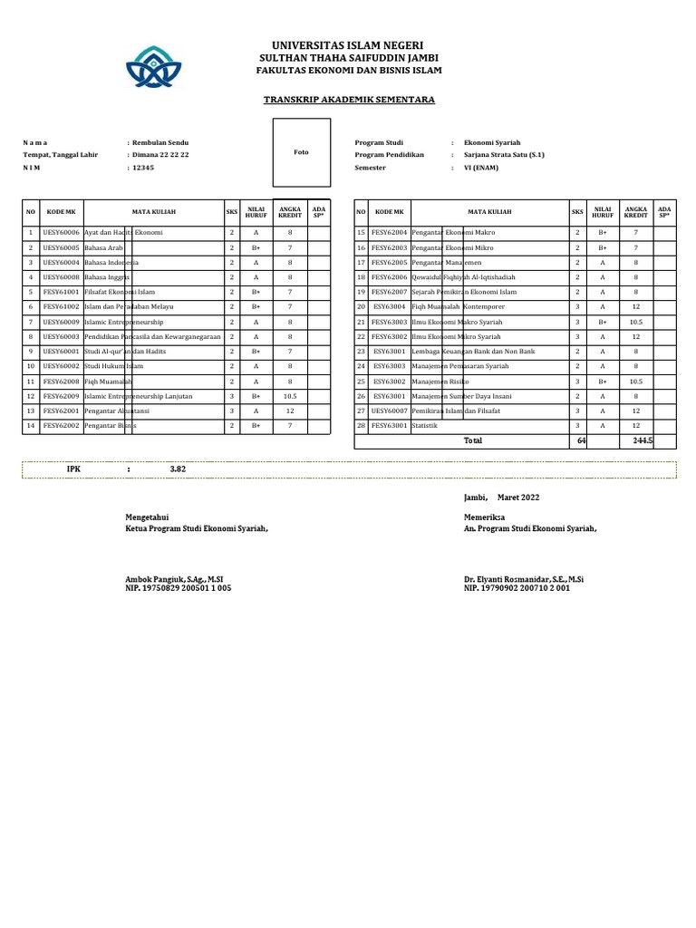 Contoh Transkrip Nilai Sementara 1 | PDF