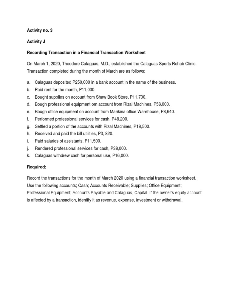 Activity No. 3 - Activity J, K and L | PDF | Debits And Credits | Service Industries