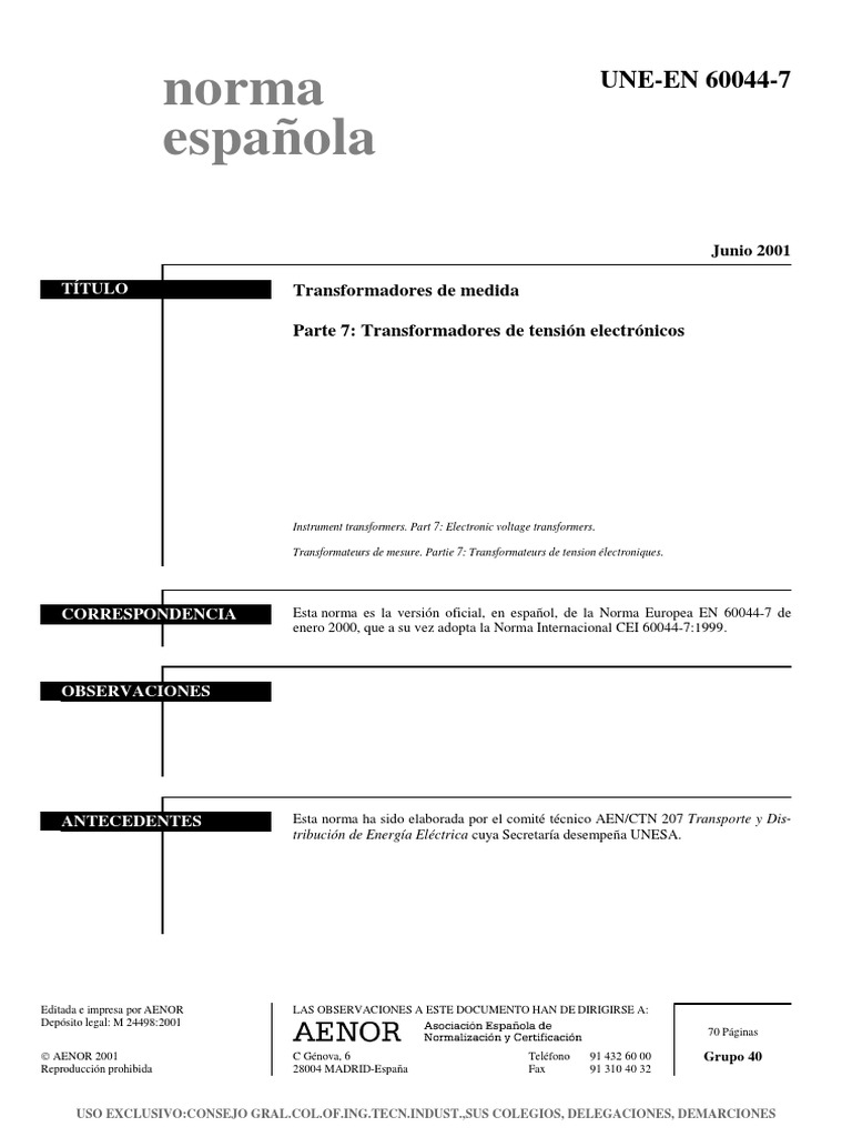 UNE IEC 60044-7-2001transformadores de Medida. Parte 7 Transformadores ...